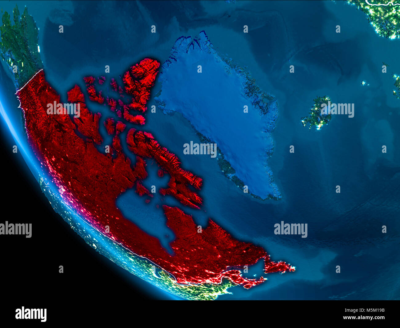 Map of Canada in red as seen from space on planet Earth at night with ...