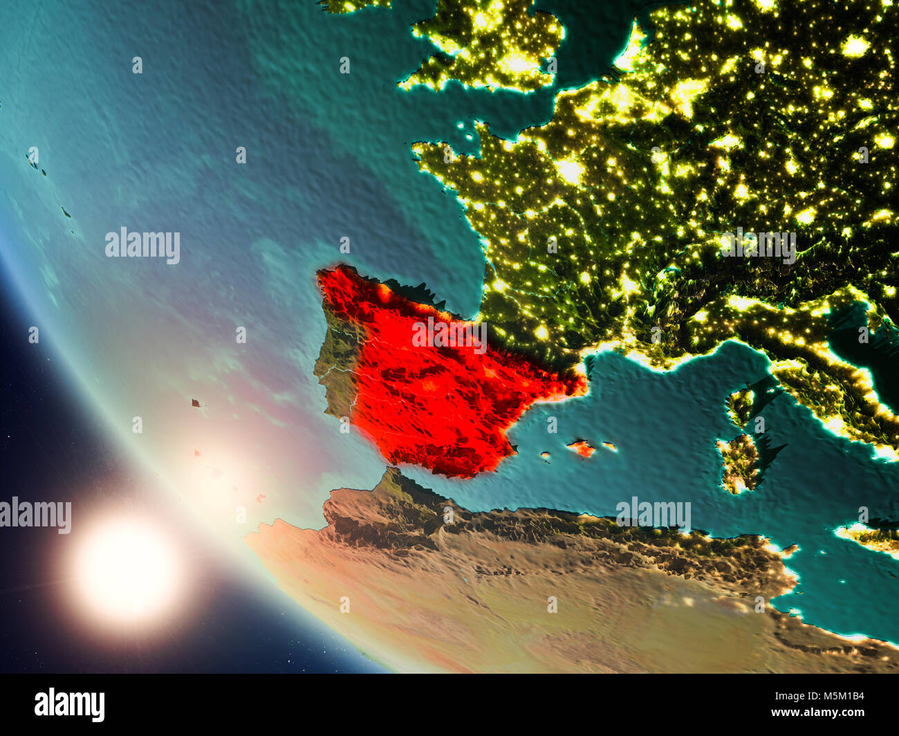 Satellite view of Spain highlighted in red on planet Earth with visible ...