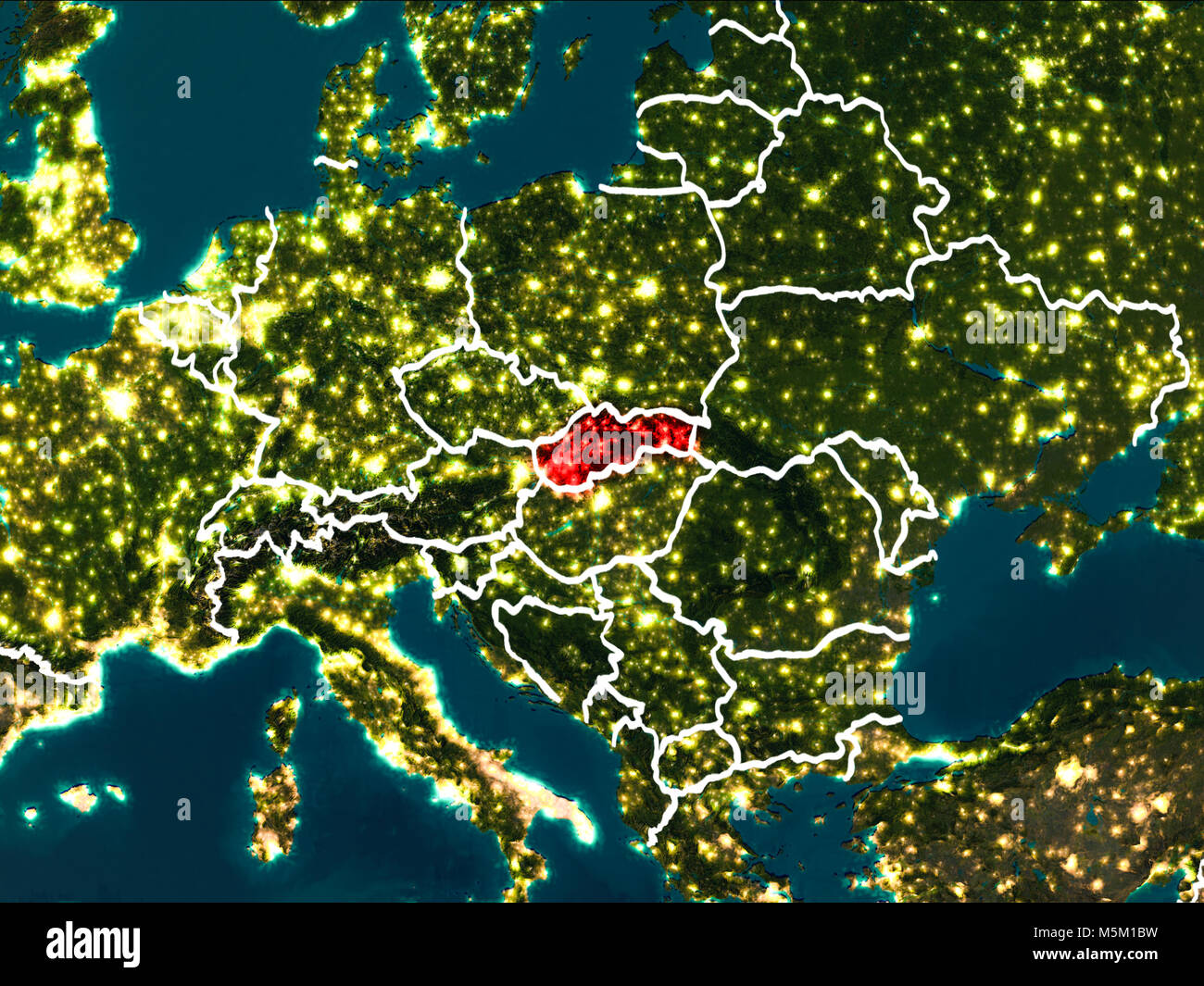 Slovakia highlighted in red from Earth’s orbit at night with visible ...