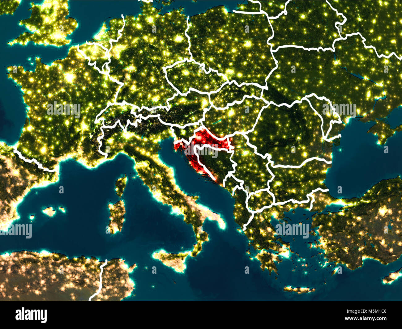 Croatia highlighted in red from Earth’s orbit at night with visible ...