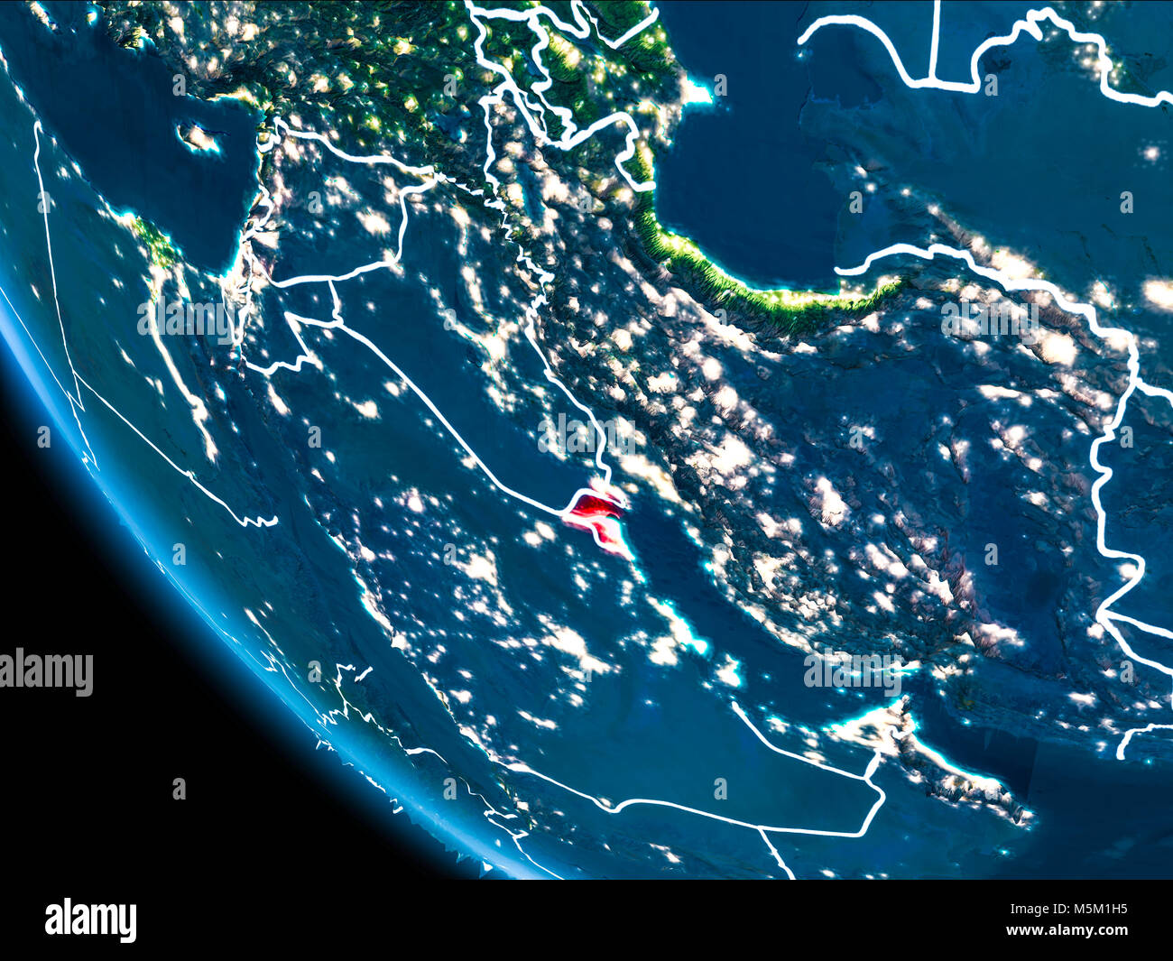 Map of Kuwait in red as seen from space on planet Earth at night with ...