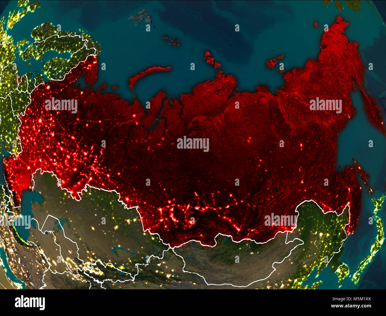 Russia highlighted in red from Earth’s orbit at night with visible ...