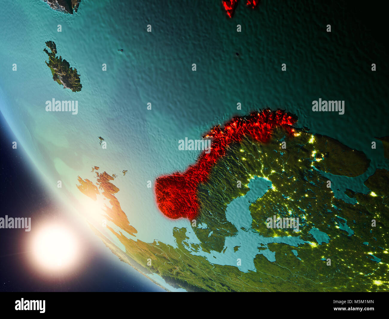 Satellite view of Norway highlighted in red on planet Earth with visible country borders during ...