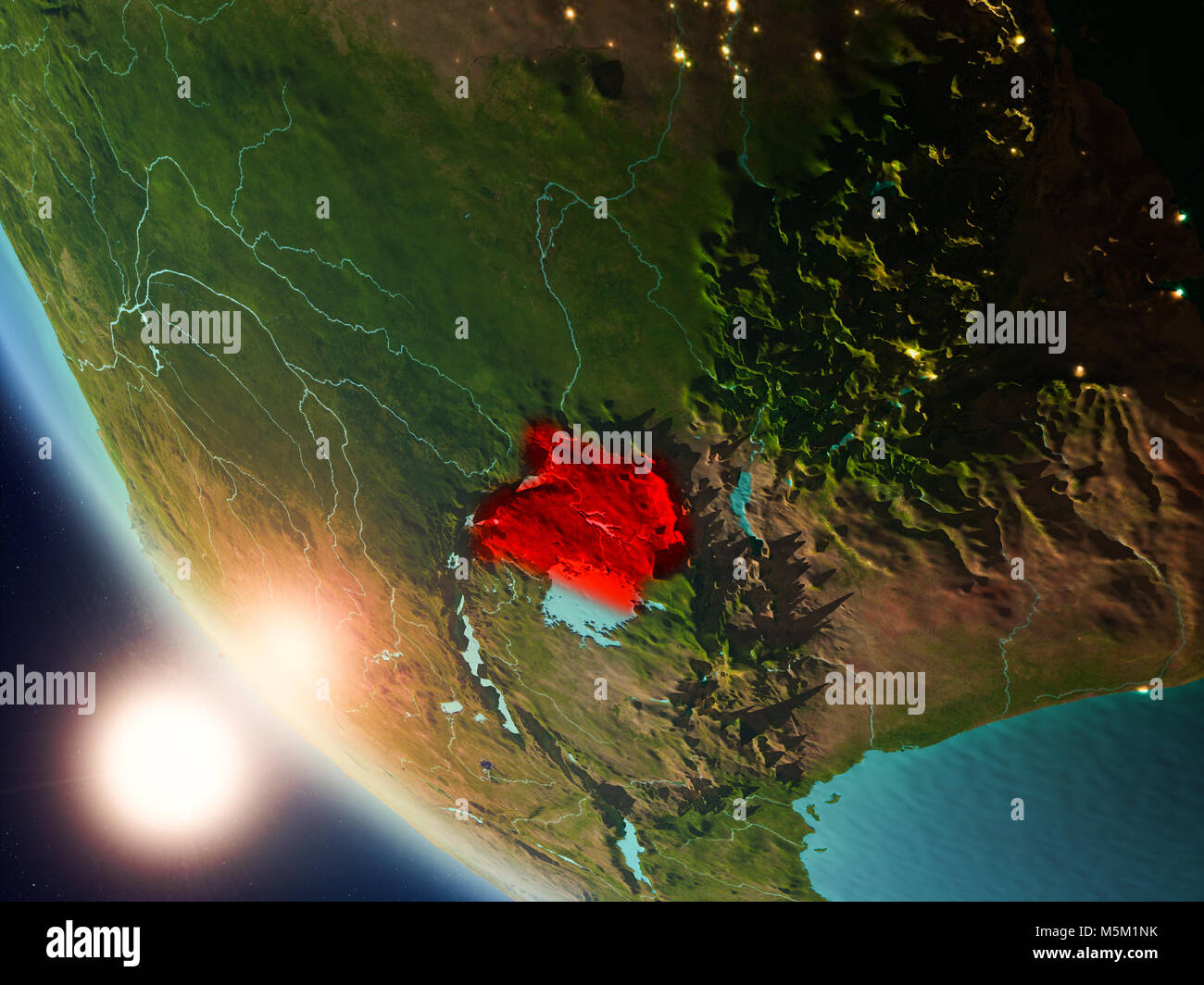 Satellite view of Uganda highlighted in red on planet Earth with ...