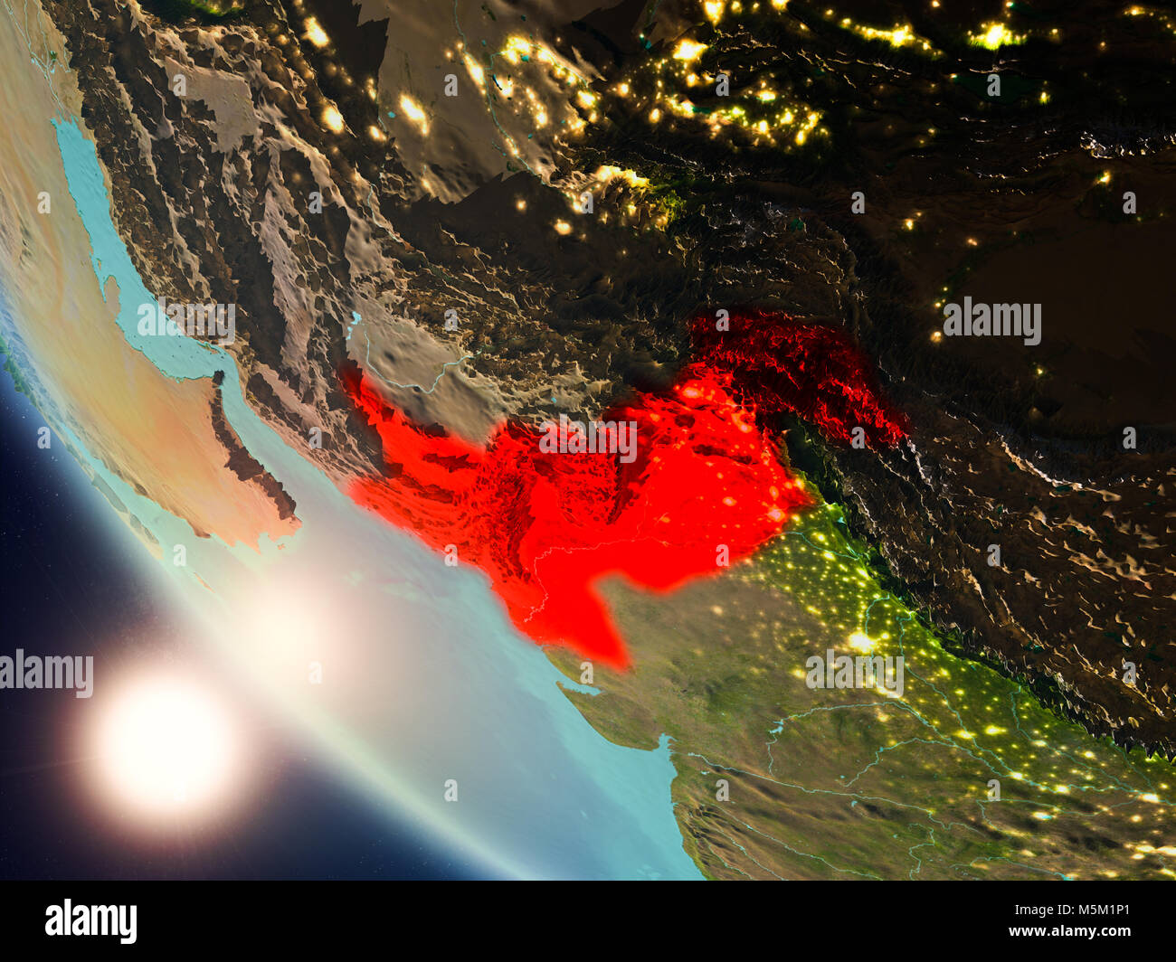 Satellite view of Pakistan highlighted in red on planet Earth with ...