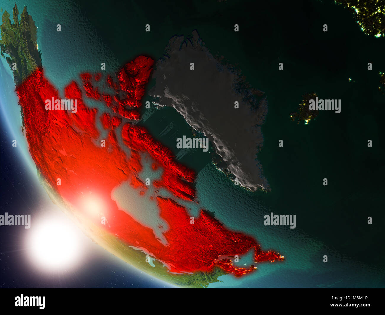 Satellite view of Canada highlighted in red on planet Earth with ...