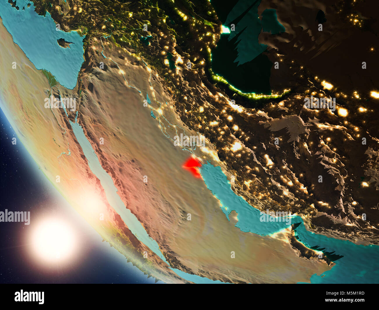 Satellite view of Kuwait highlighted in red on planet Earth with ...