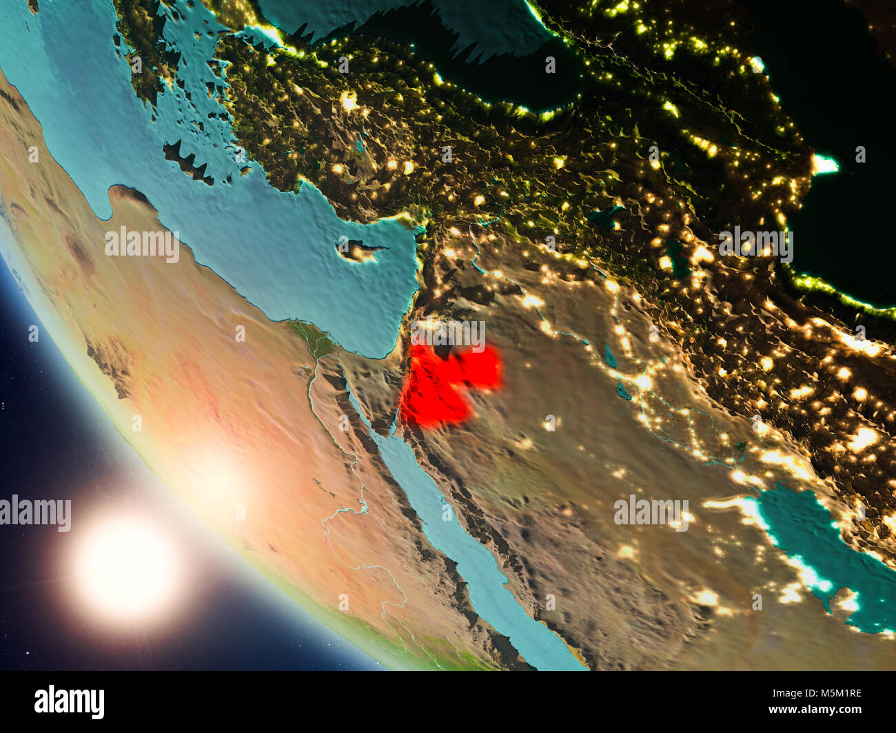 Satellite view of Jordan highlighted in red on planet Earth with ...