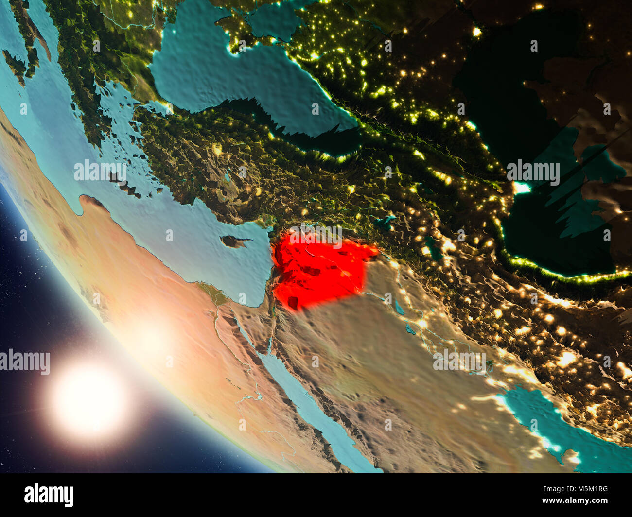 Satellite view of Syria highlighted in red on planet Earth with visible ...