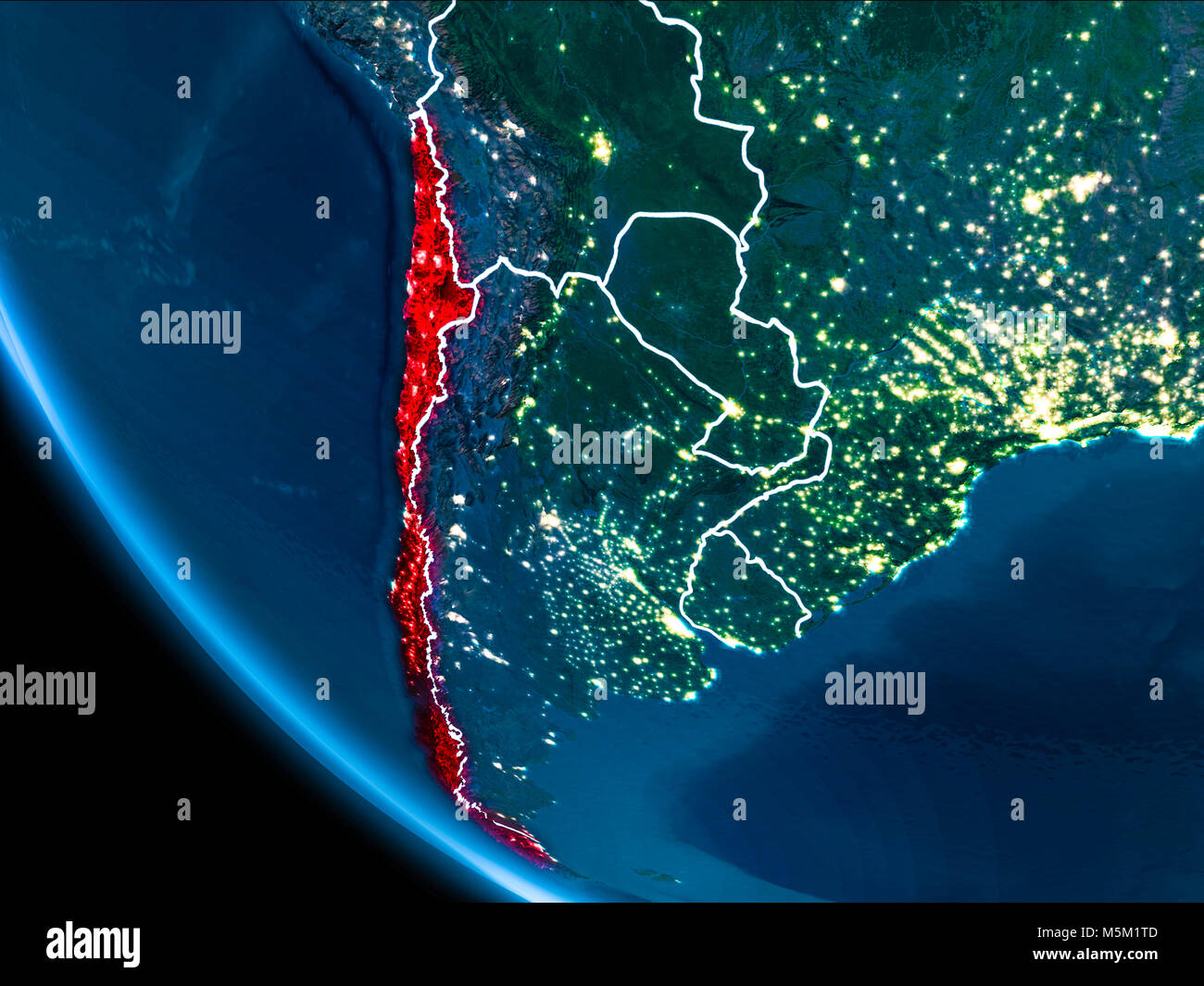 Map of Chile in red as seen from space on planet Earth at night with ...