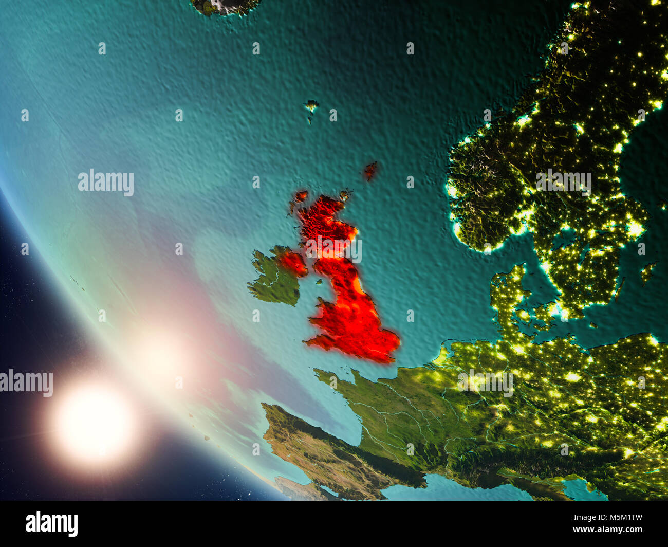 Satellite view of United Kingdom highlighted in red on planet Earth ...