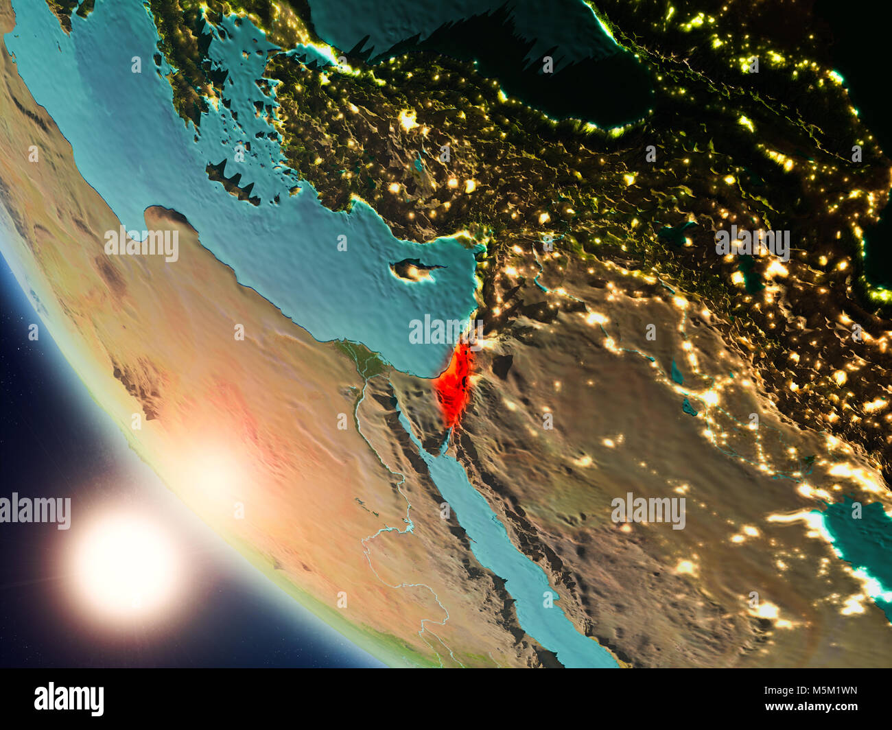 Satellite view of Israel highlighted in red on planet Earth with visible country borders during ...