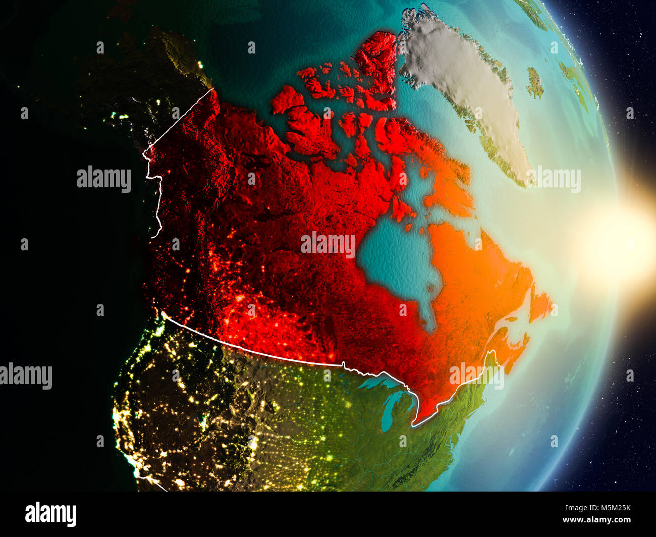 Canada during sunrise highlighted in red on planet Earth with visible ...