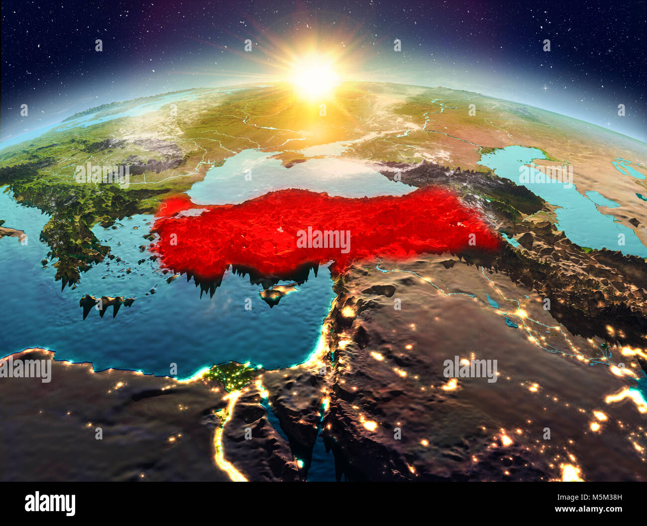 Satellite view of Turkey highlighted in red on planet Earth with clouds ...