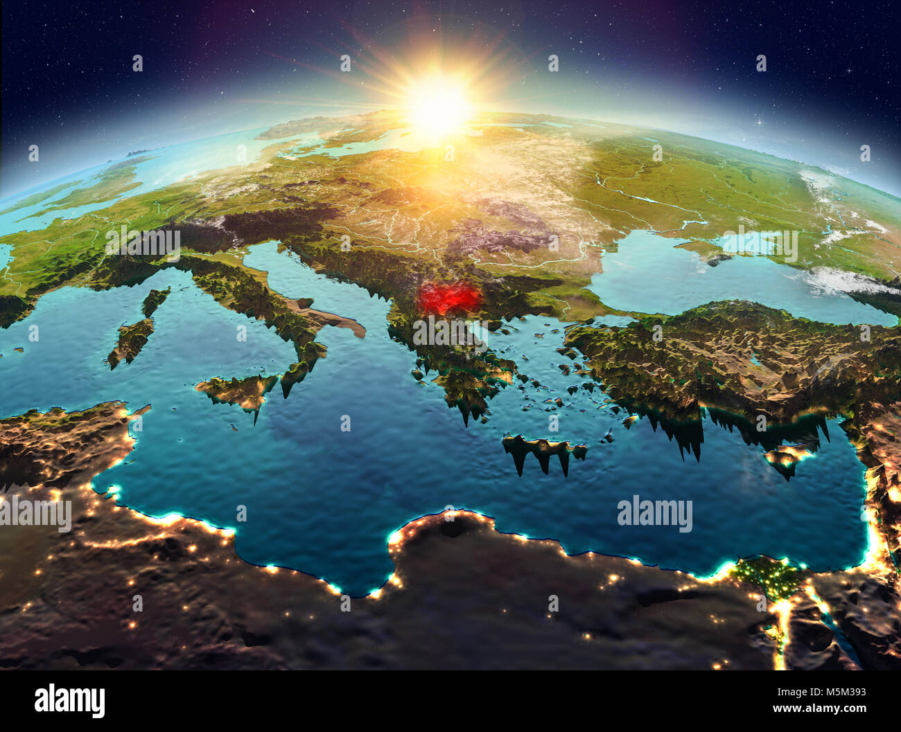 Satellite view of Macedonia highlighted in red on planet Earth with ...