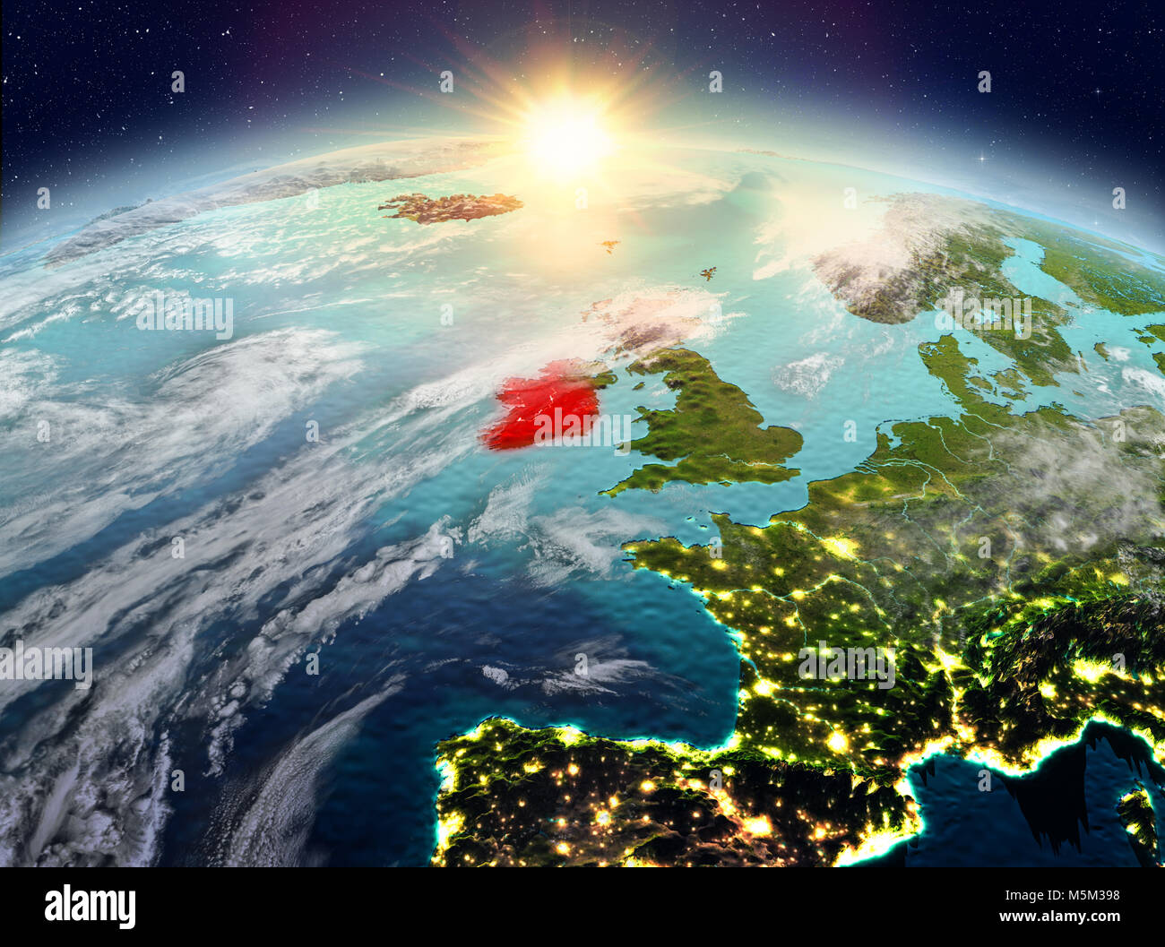 Satellite view of Ireland highlighted in red on planet Earth with ...