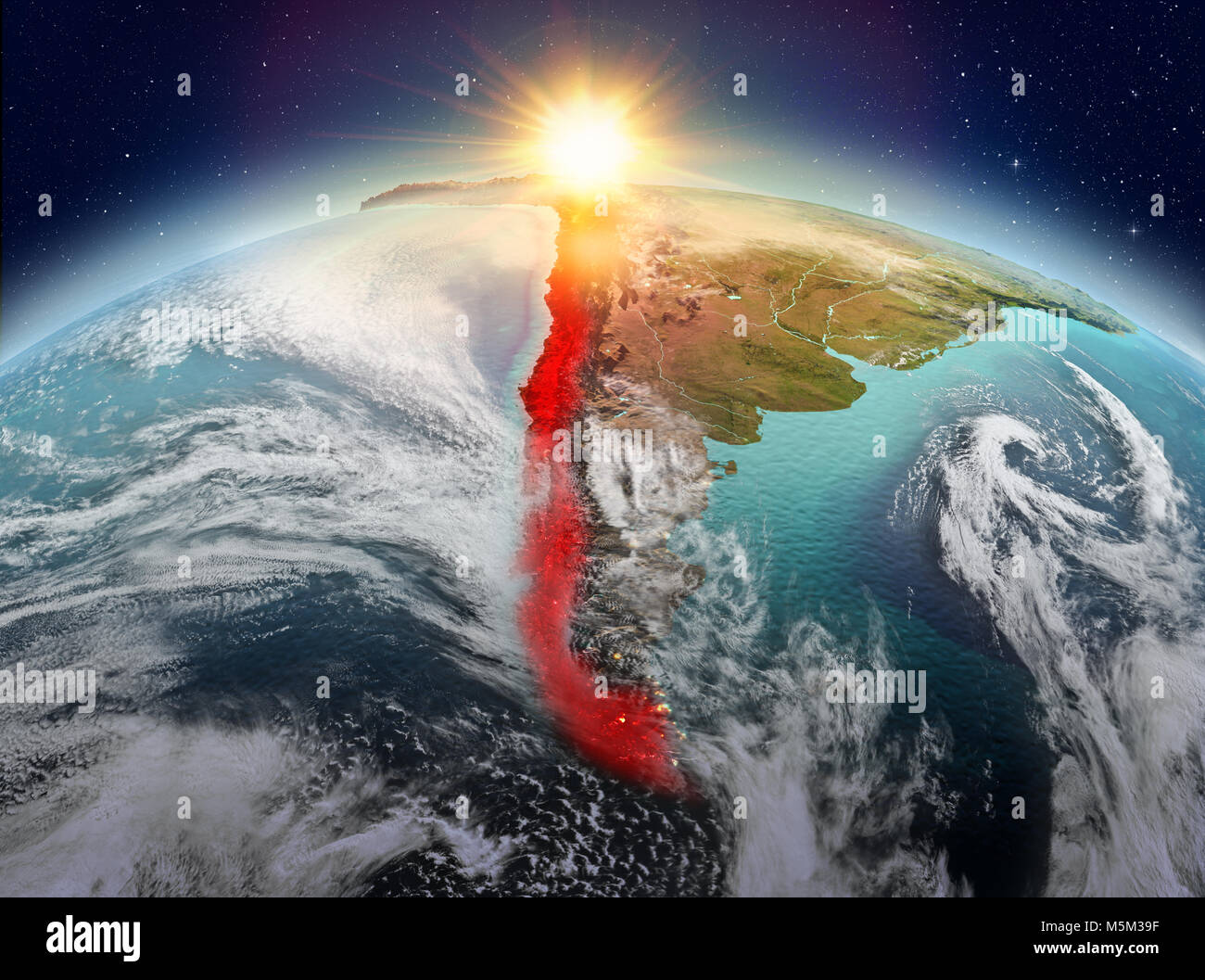 Satellite view of Chile highlighted in red on planet Earth with clouds ...