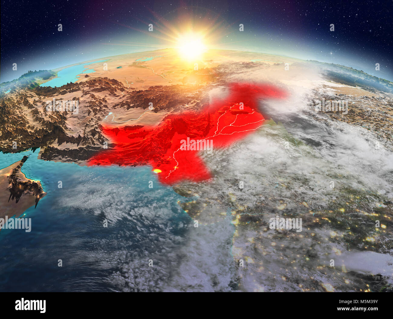 Satellite view of Pakistan highlighted in red on planet Earth with clouds during sunrise. 3D ...