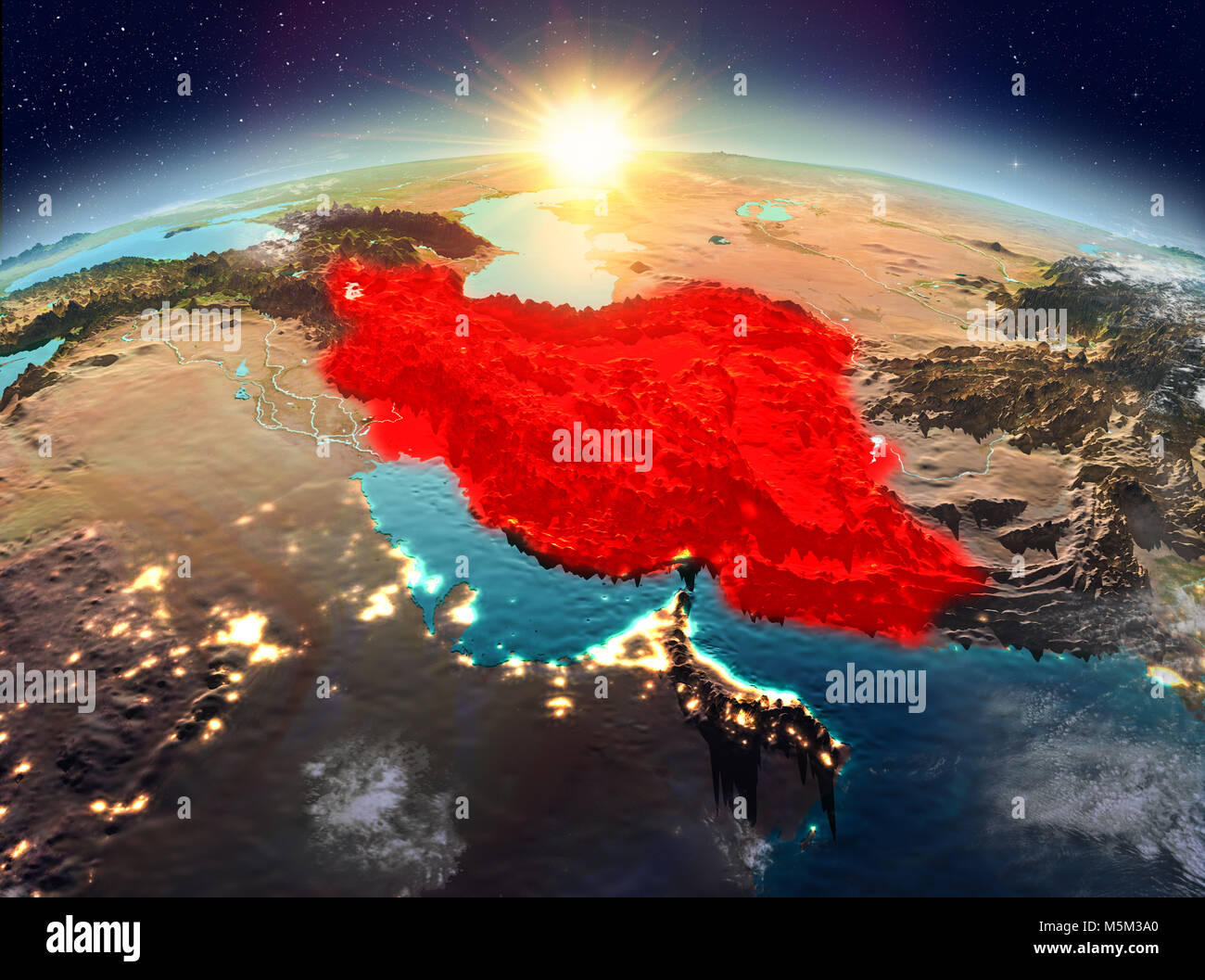 Satellite view of Iran highlighted in red on planet Earth with clouds during sunrise. 3D ...