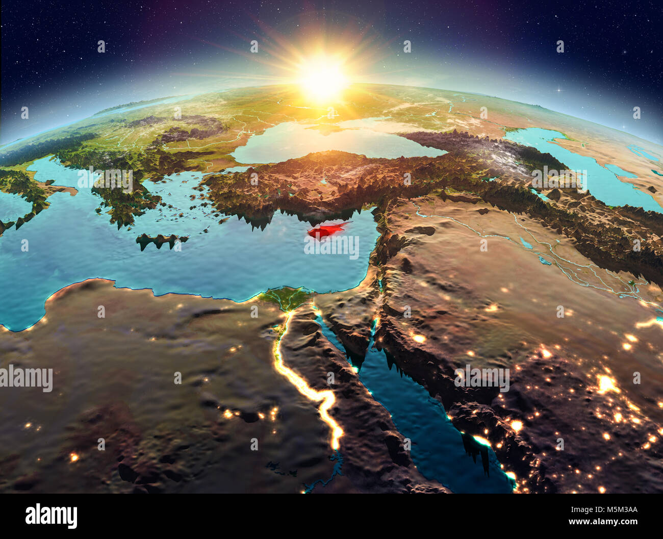 Satellite view of Cyprus highlighted in red on planet Earth with clouds ...