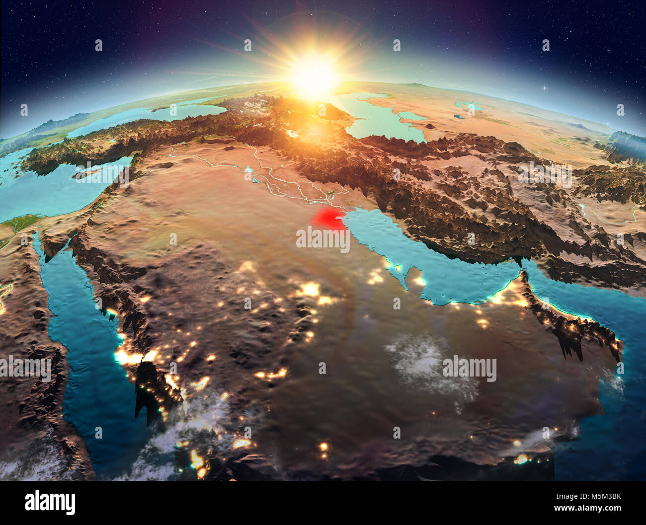 Satellite view of Kuwait highlighted in red on planet Earth with clouds ...