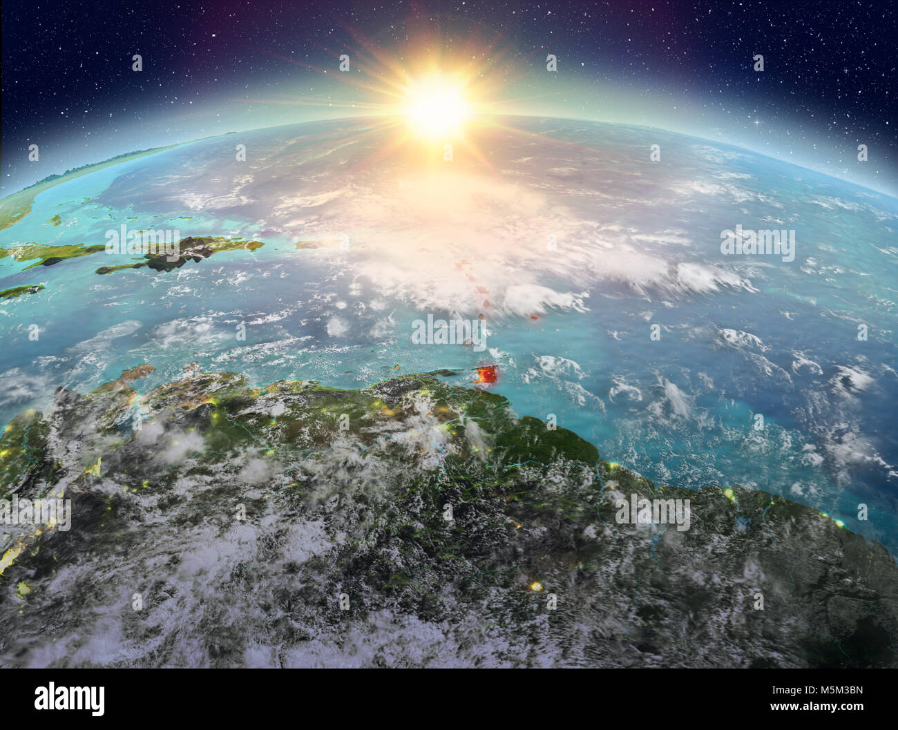 Satellite view of Caribbean highlighted in red on planet Earth with clouds during sunrise. 3D ...