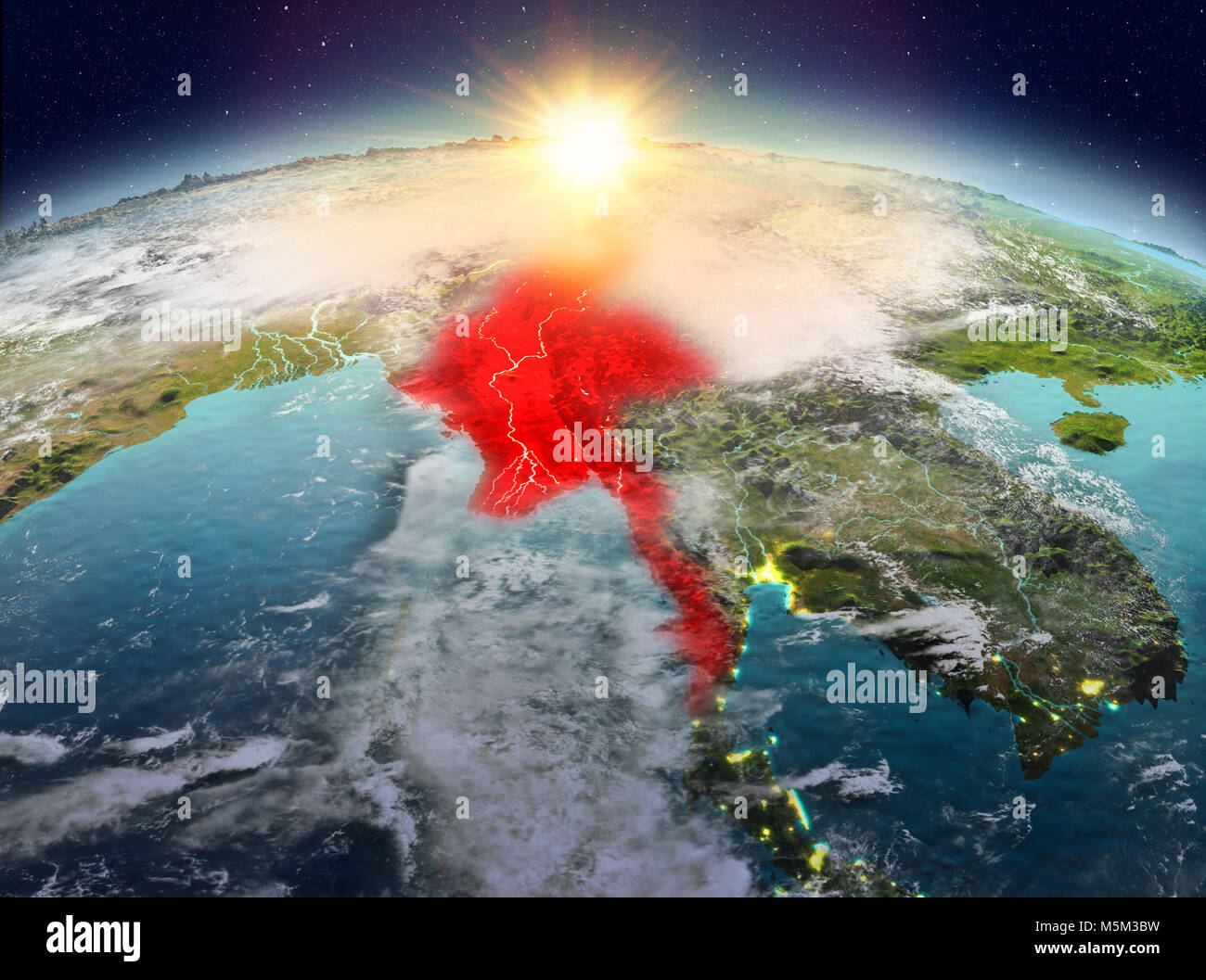 Satellite view of Myanmar highlighted in red on planet Earth with ...