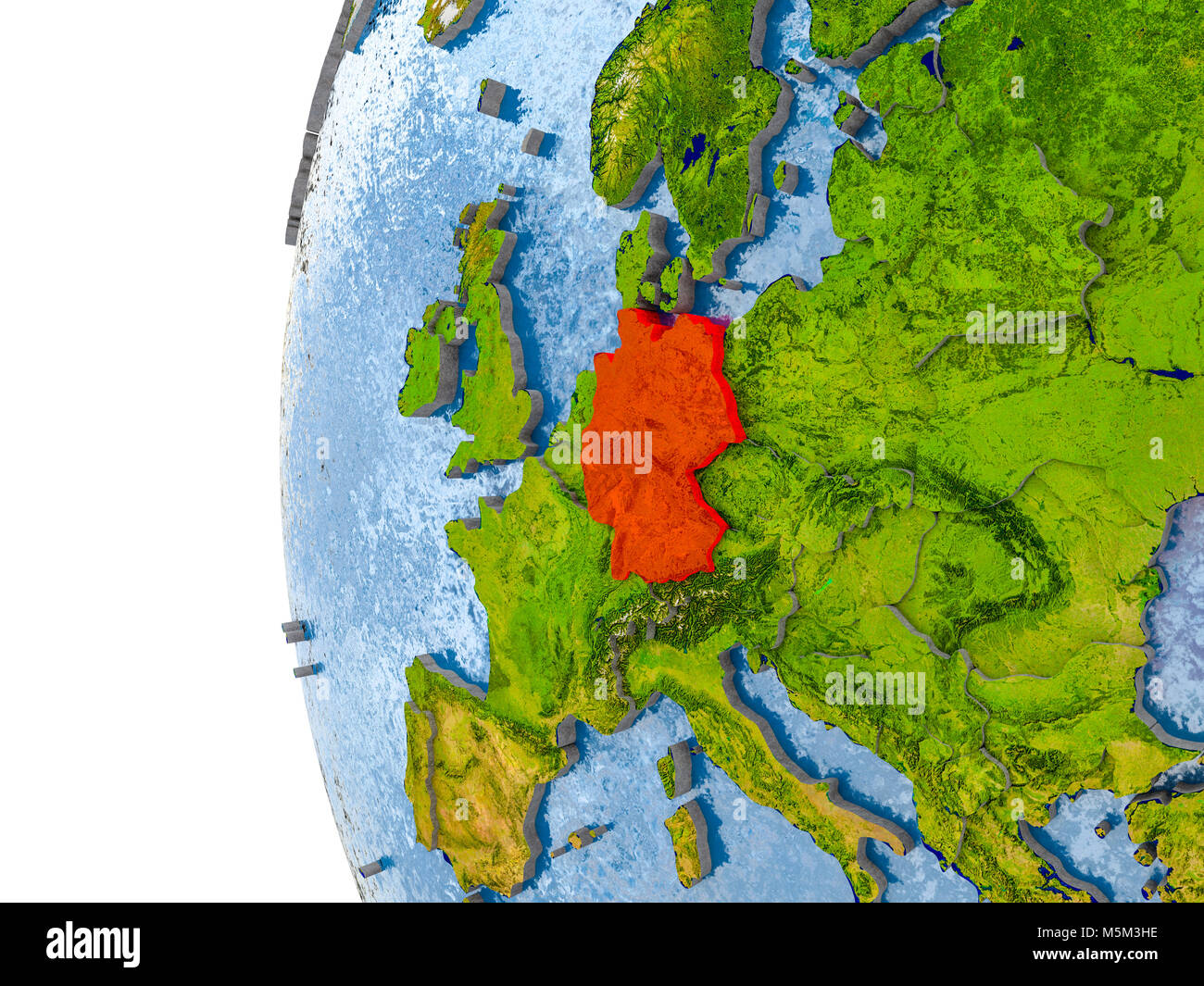 Germany in red on globe with real land surface, visible country borders ...