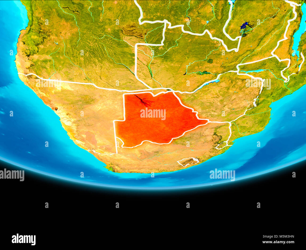 Botswana from orbit of planet Earth with visible borderlines. 3D illustration. Elements of this ...