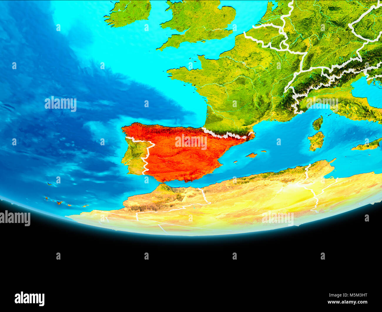 Spain from orbit of planet Earth with visible borderlines. 3D ...