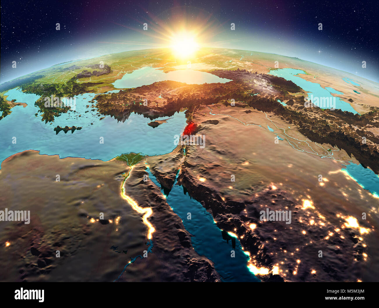 Satellite view of Lebanon highlighted in red on planet Earth with ...