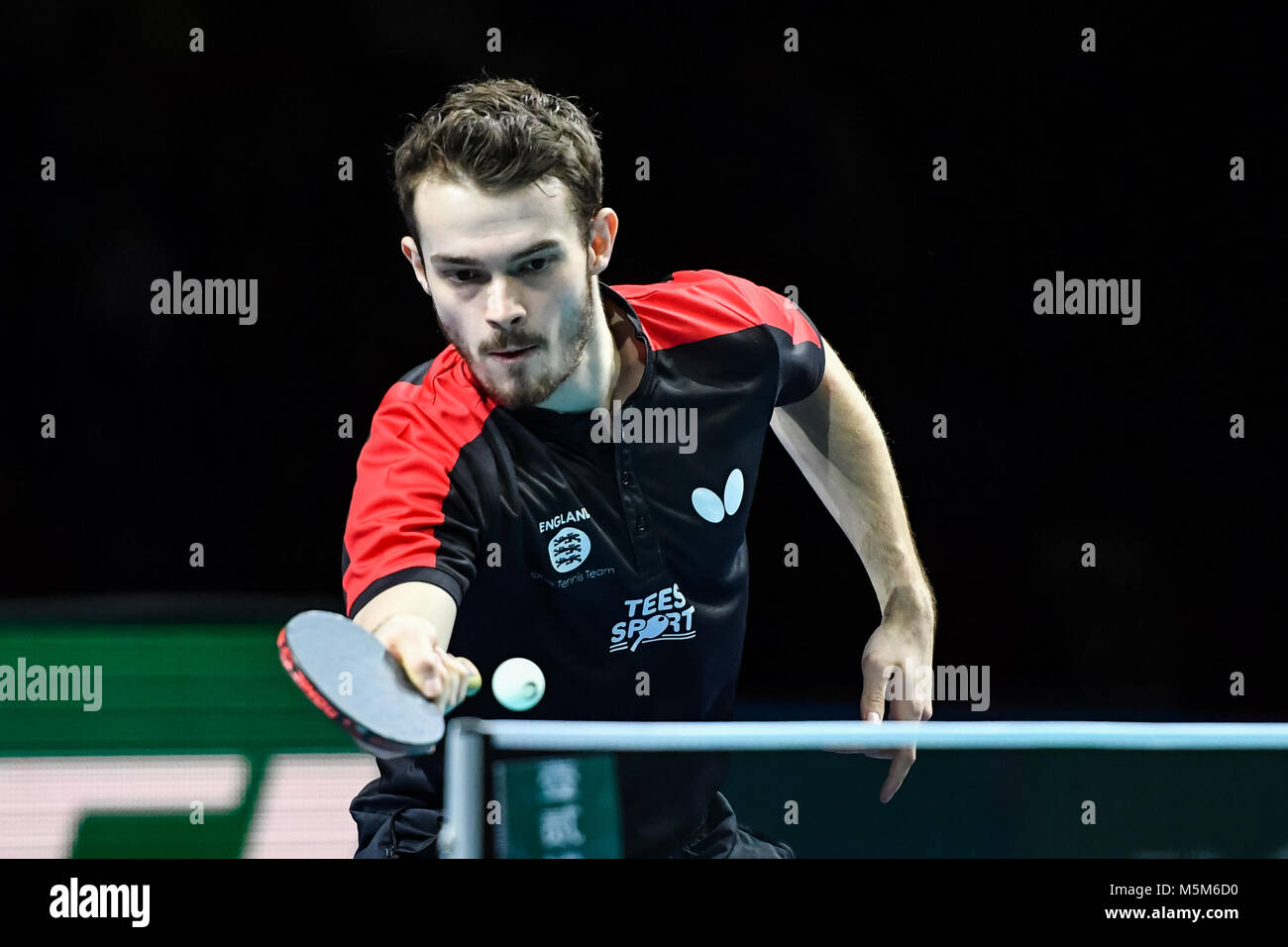 London, UK, 24 Feb 2018. Paul Drinkhall and Samuel Walker of England ...