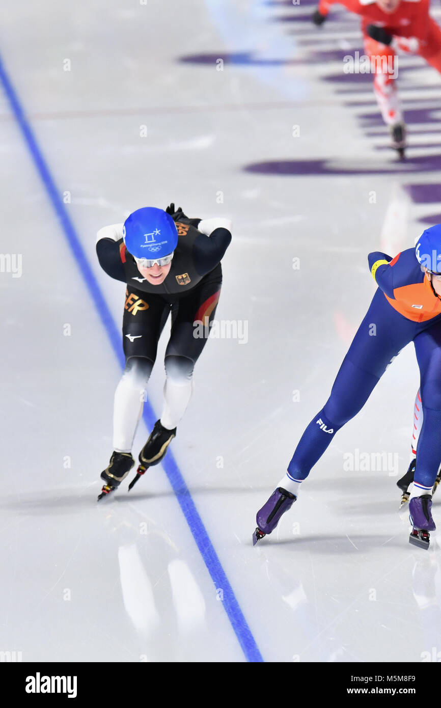 German speed skater Claudia Pechstein (L) skates at the Gangneung Oval ...