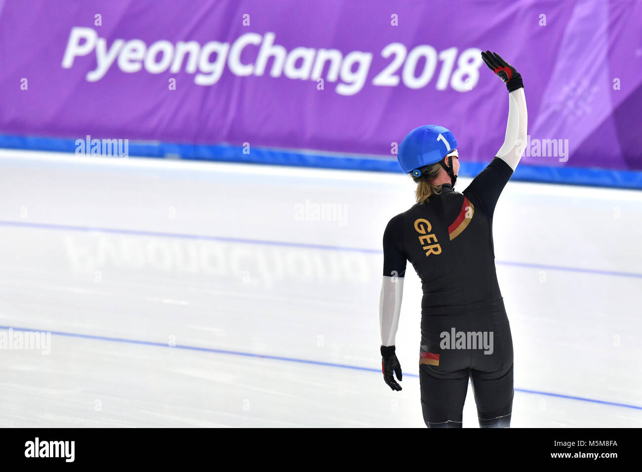 German speed skater Claudia Pechstein waves at the finish line at the ...