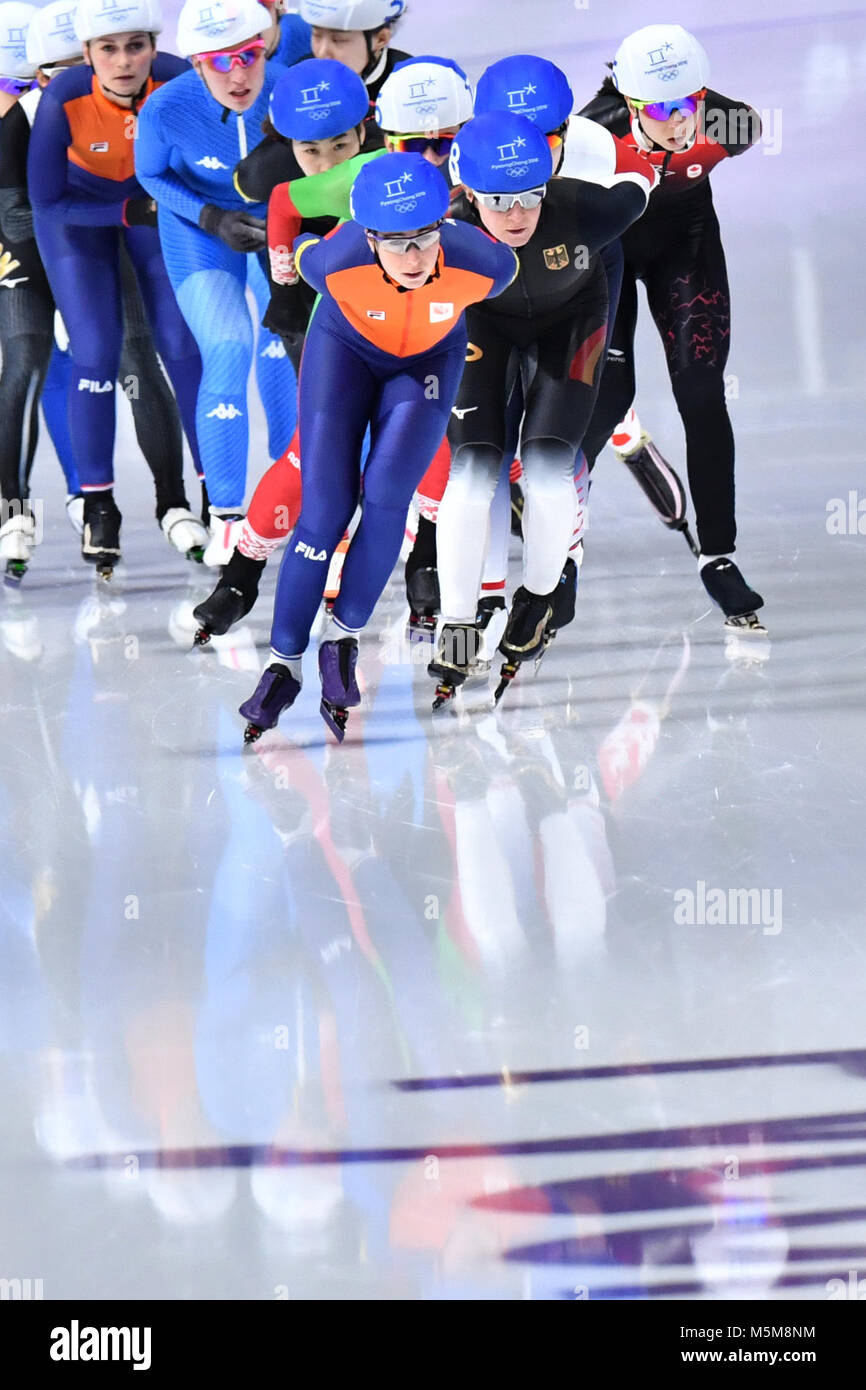 German speed skater Claudia Pechstein (3R) skates at the Gangneung Oval ...