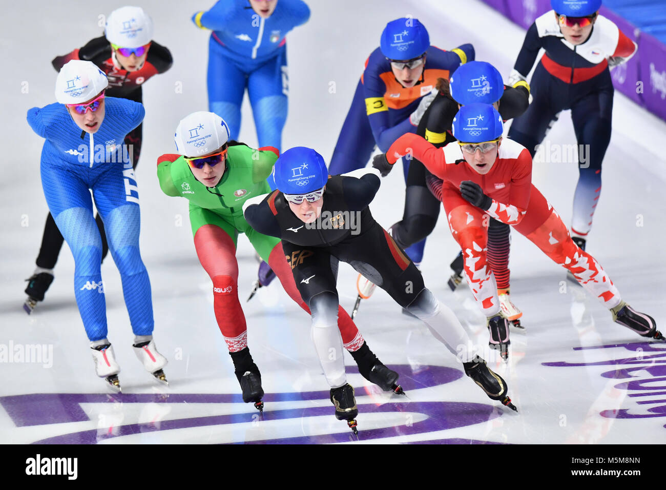 German speed skater Claudia Pechstein (M) skates at the Gangneung Oval ...