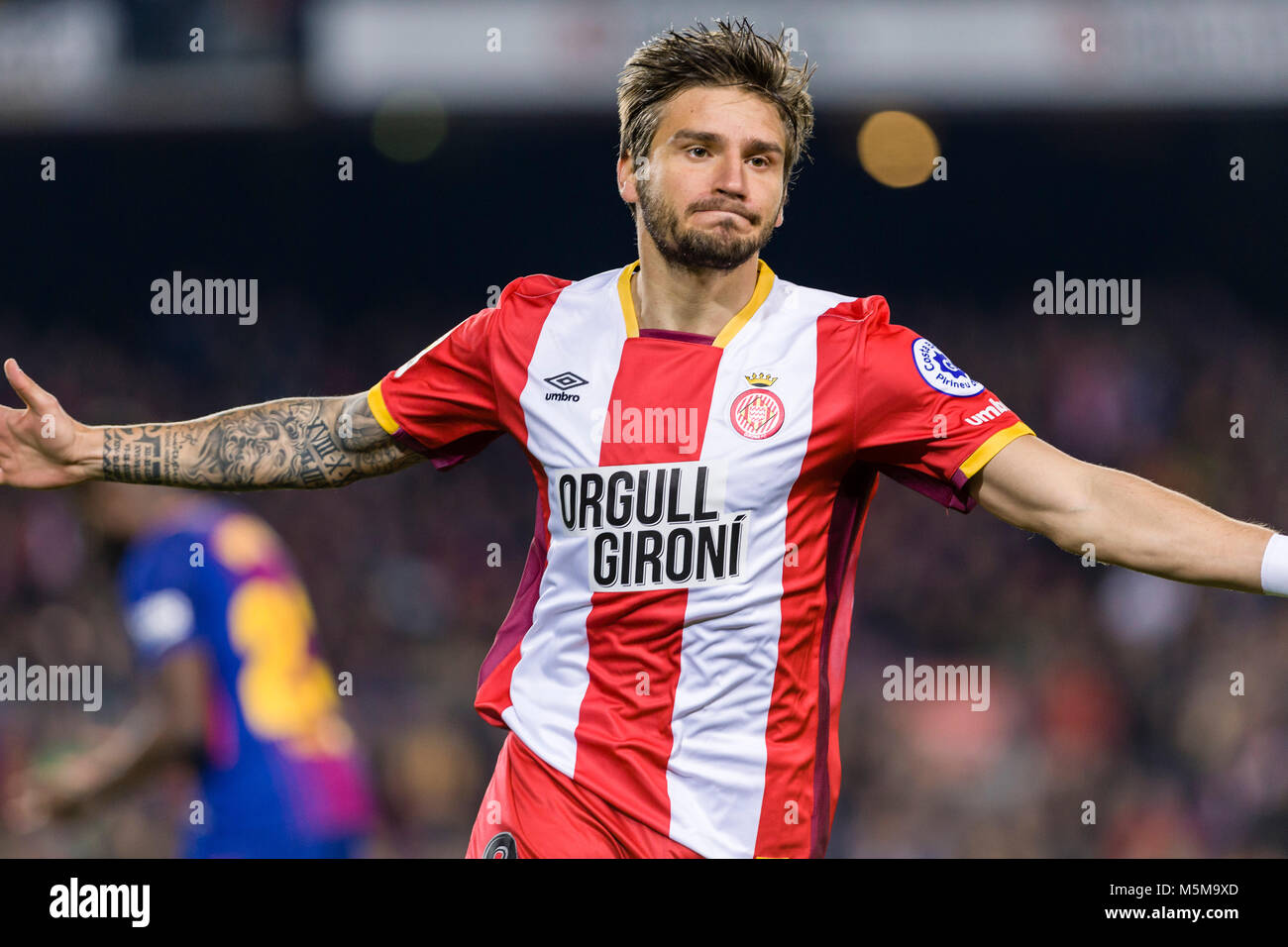 Girona midfielder Pere Pons (8) celebrates scoring the goal during the ...
