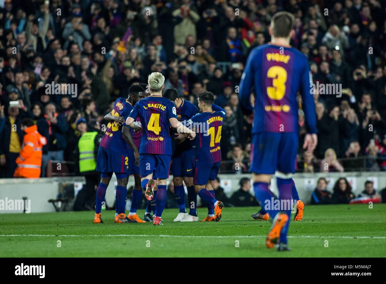 BARCELONA, SPAIN - FEBRUARY 24: FC Barcelona team celebrating Leo Messi ...