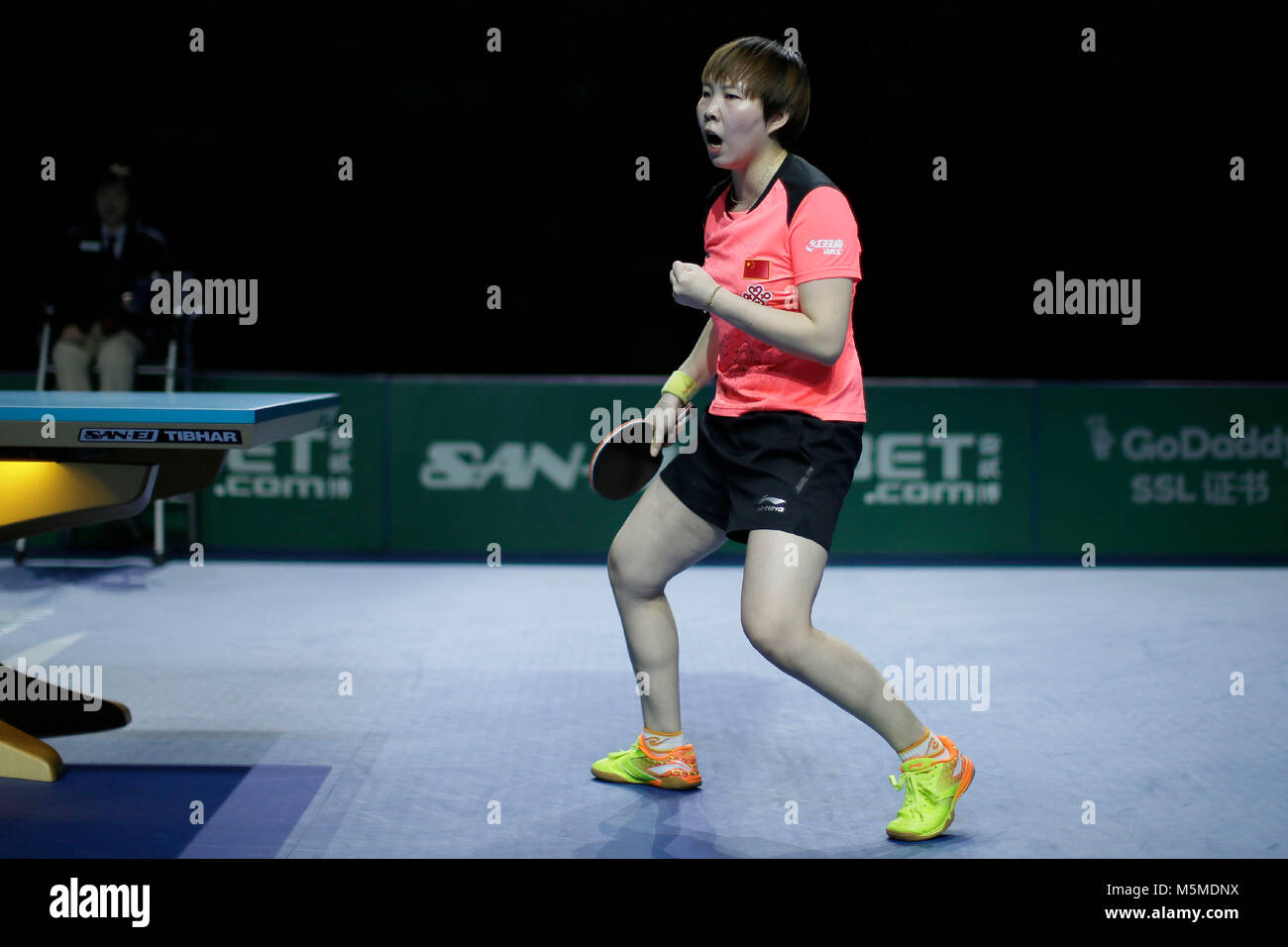 London, UK. 24th Feb, 2018. Zhu Yuling of China celebrates as she ...