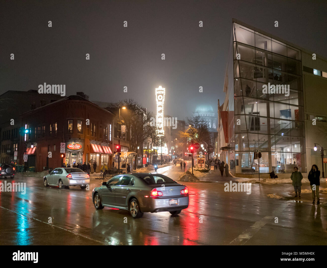 Night scene on State Street state capitol in background. Madison Museum ...