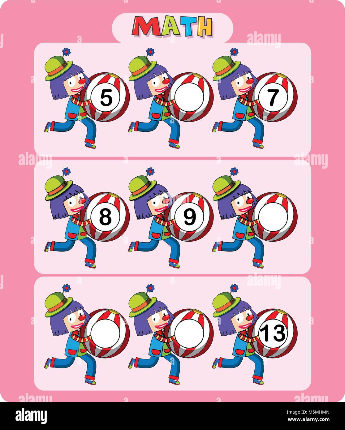 Math worksheet template with clowns and balls illustration Stock Vector ...