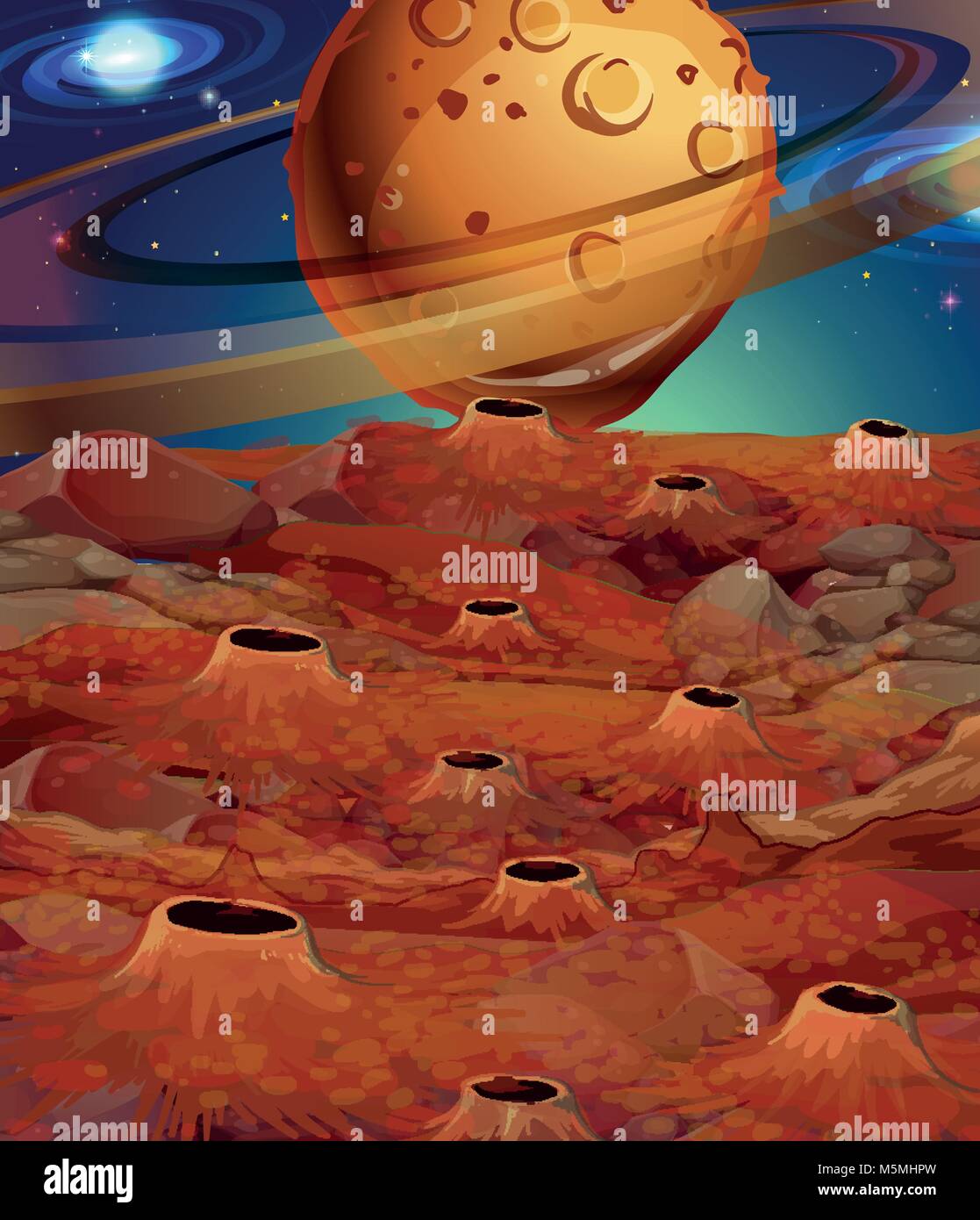 Background scene with planets and moon surface illustration Stock ...
