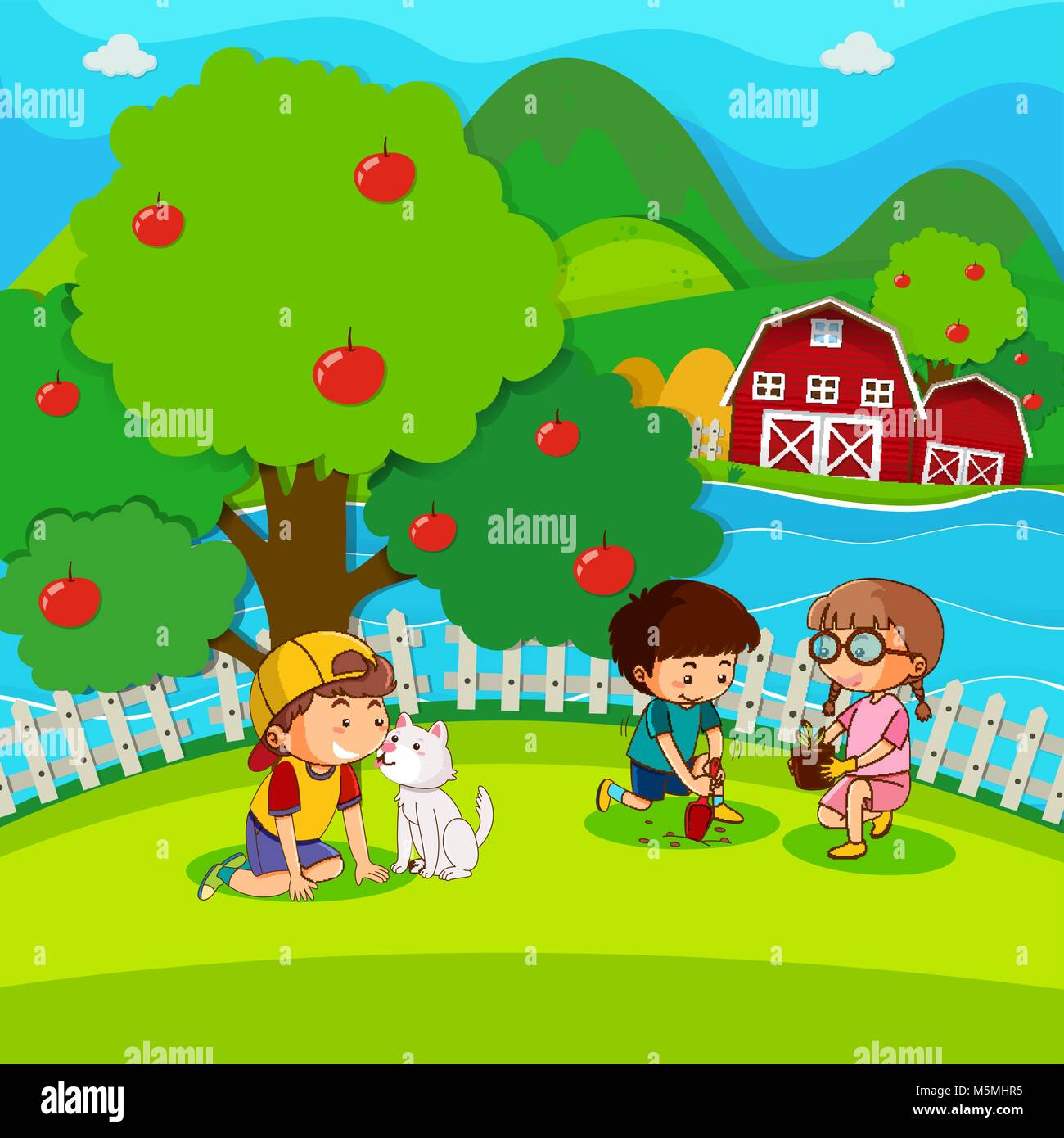 Three kids planting tree in the park illustration Stock Vector Image ...