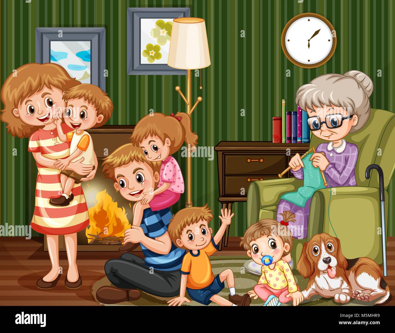 Family with children and grandmother in livingroom illustration Stock ...