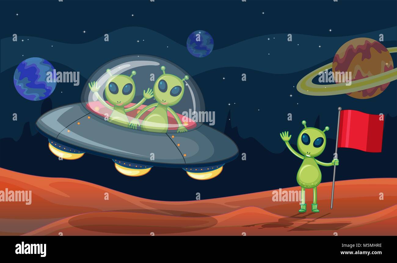 Green aliens in UFO illustration Stock Vector Image & Art - Alamy