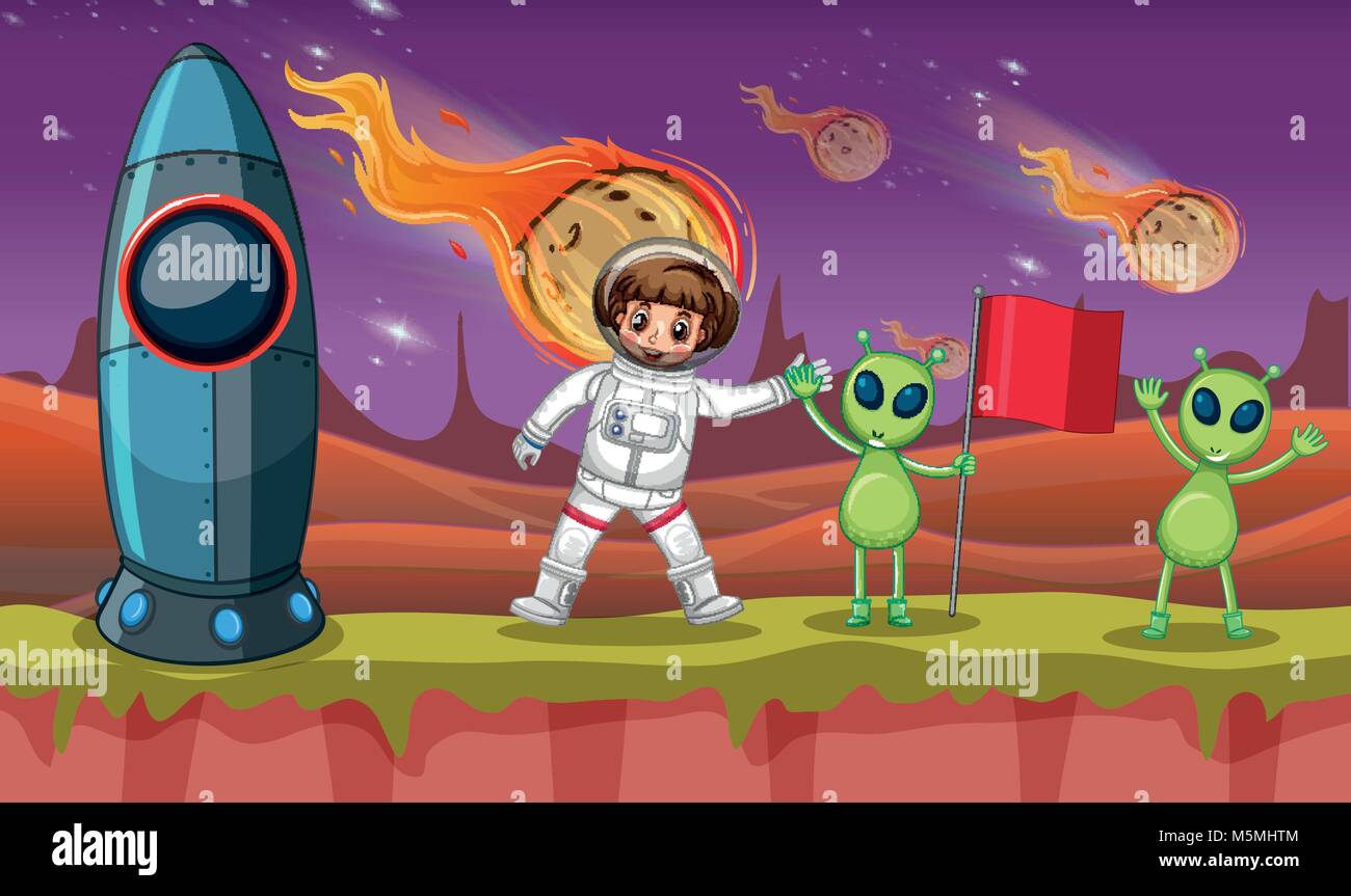 Astronaut and two aliens on strange planet illustration Stock Vector ...