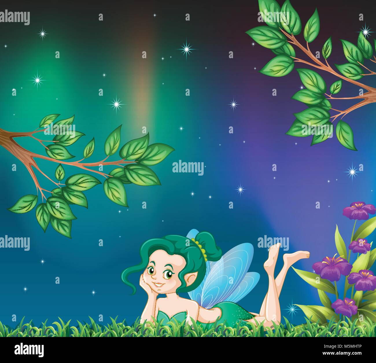Cute fairy in garden at night illustration Stock Vector Image & Art - Alamy