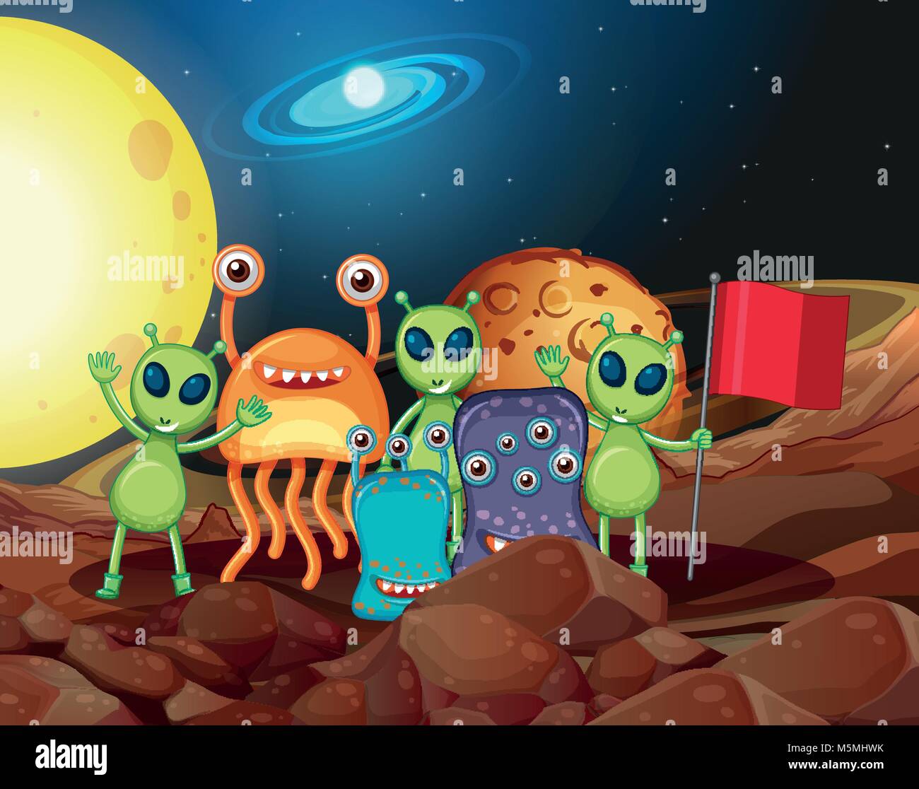 Many types of aliens on the moon illustration Stock Vector Image & Art ...