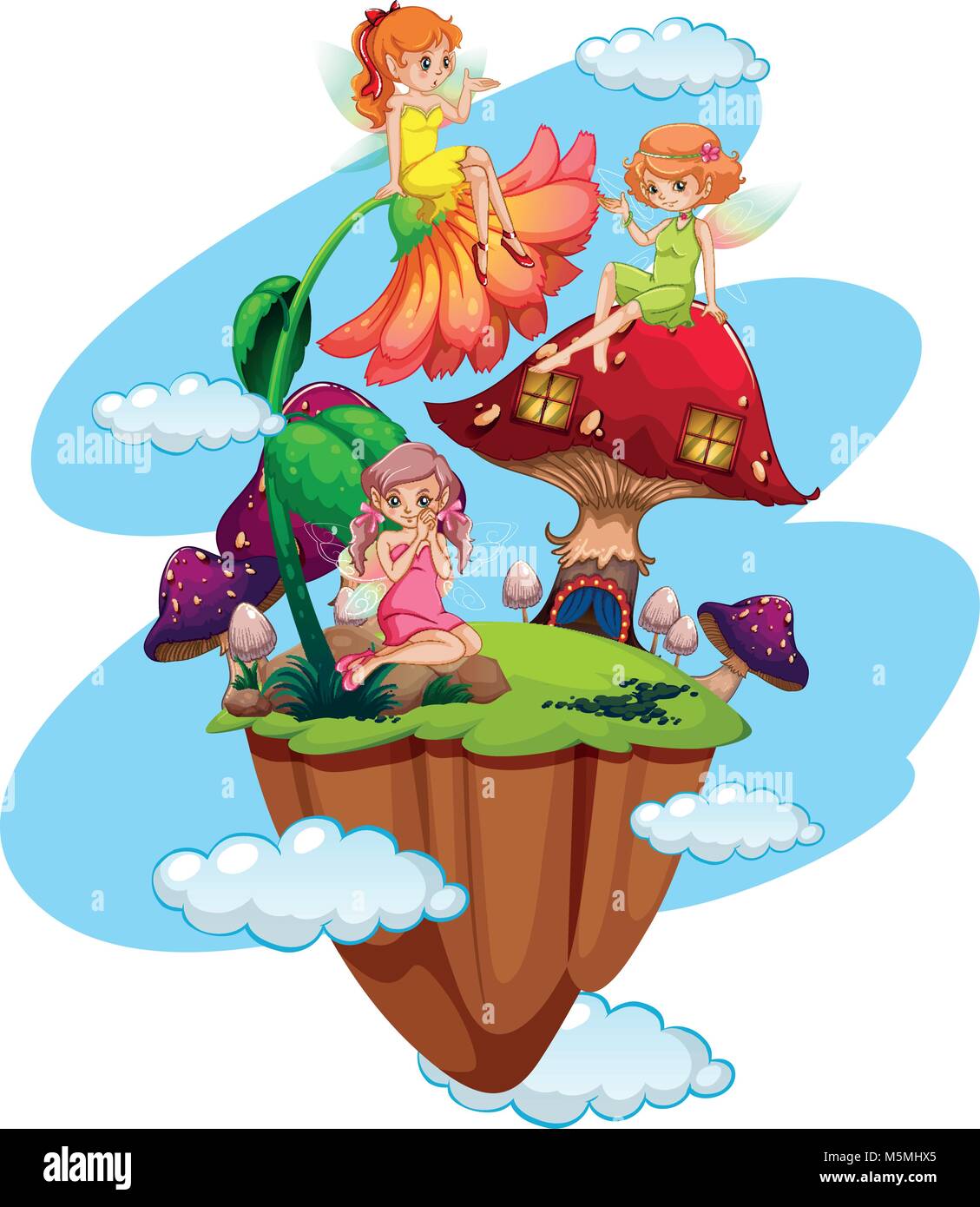 Three fairies and mushroom house illustration Stock Vector Image & Art ...