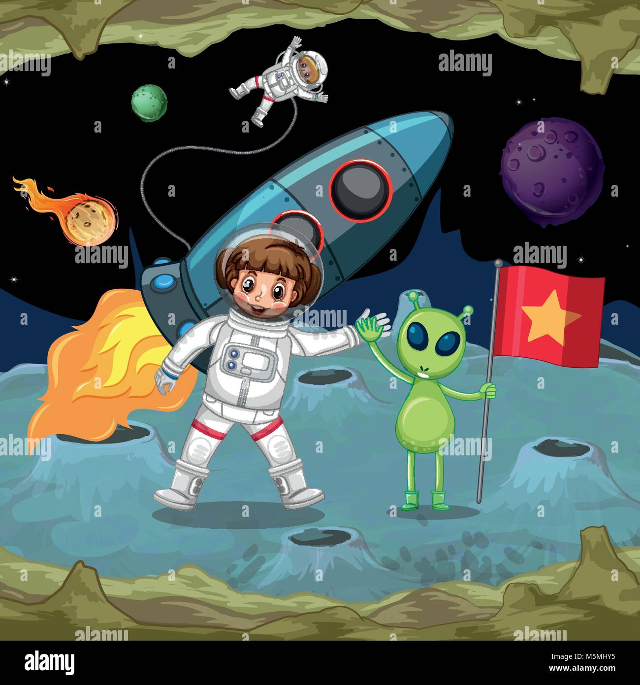 Astronauts and alien holding hands in space illustration Stock Vector ...